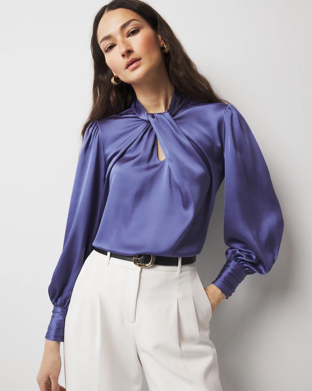 Long Sleeve Twisted Neck Satin Blouse | White House Black Market